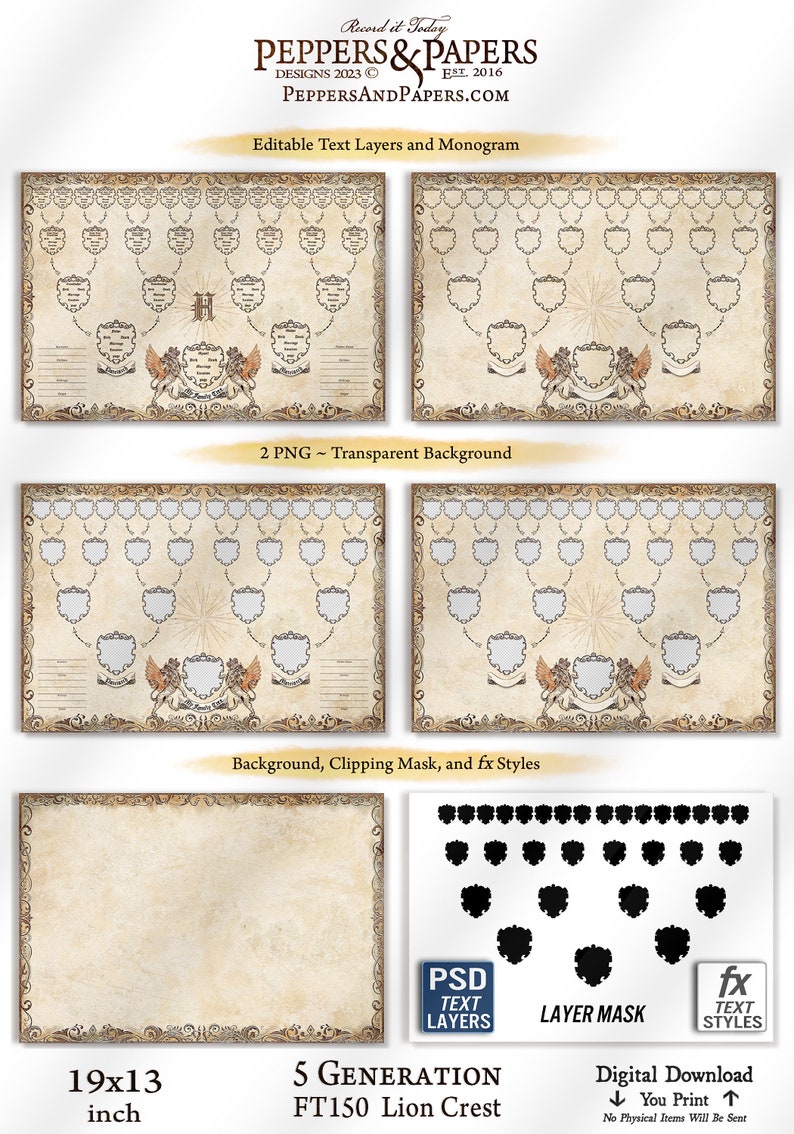 Family Tree Chart, 5 Generation EDITABLE Pedigree, YOU PRINT, 19x13 ...