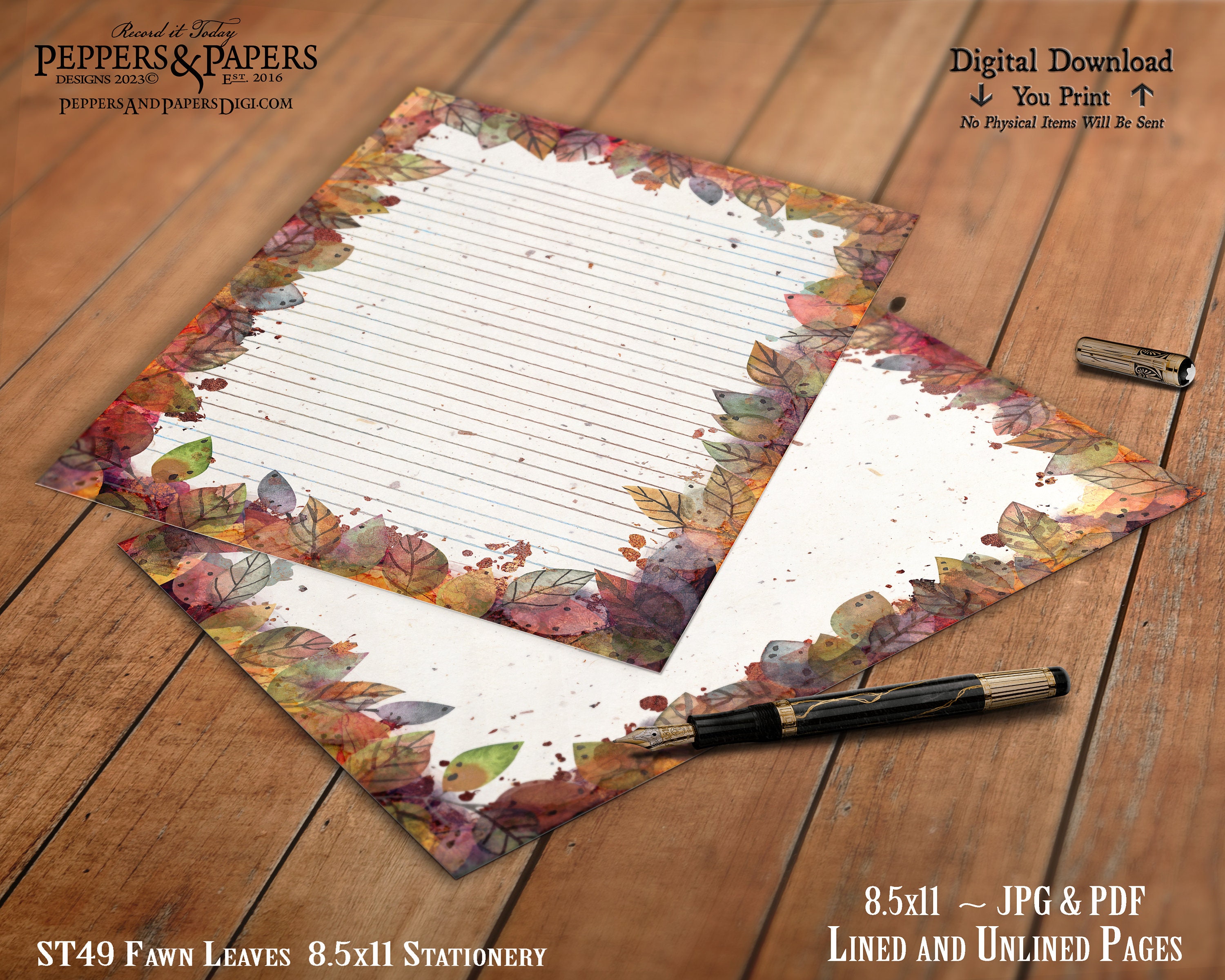 Fawn Leaves Writing Paper, Printable Stationery Set, for Scrapbooking ...