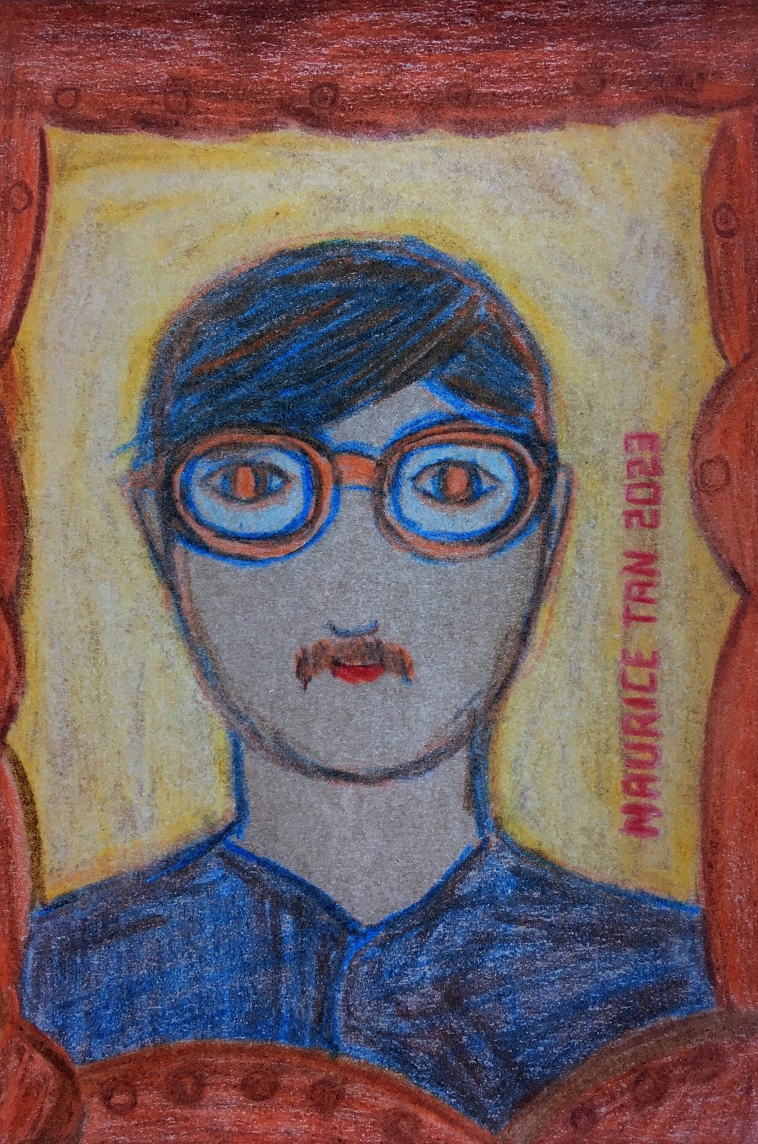 Original Small Portrait Drawing Face Glasses Outsider Art Brut Weird ...