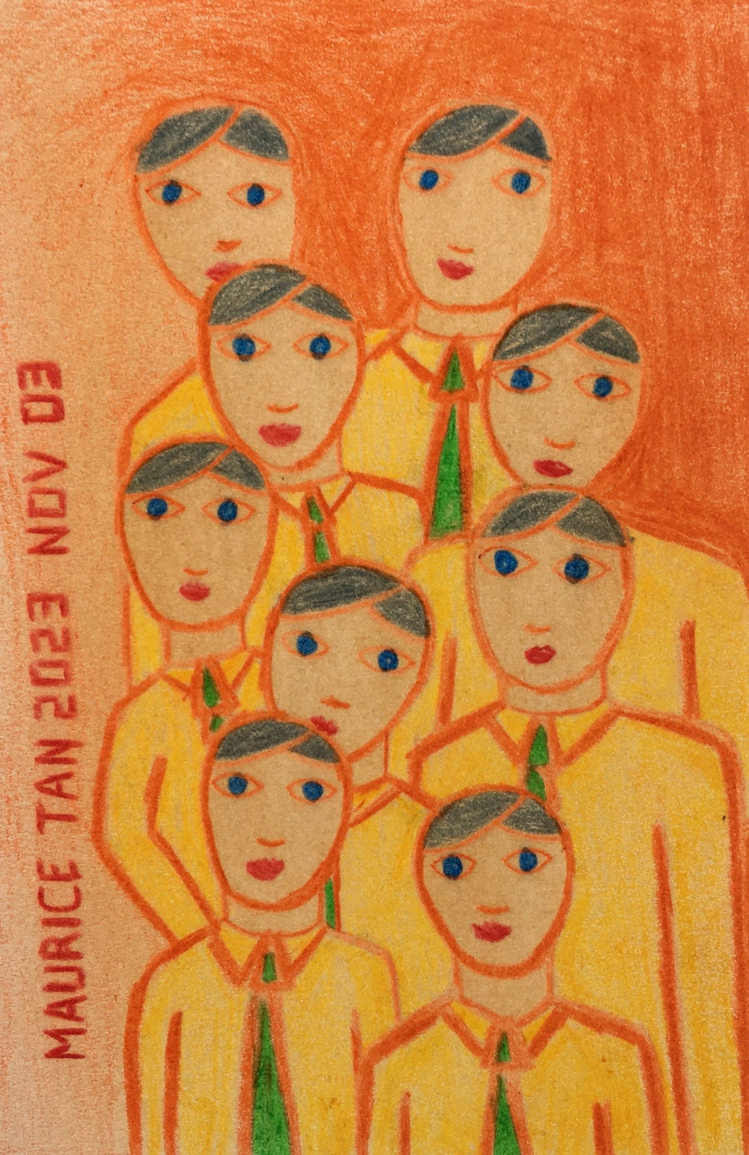 Small Portrait Art Original 4x6 Drawing Orange Yellow Artwork of People ...