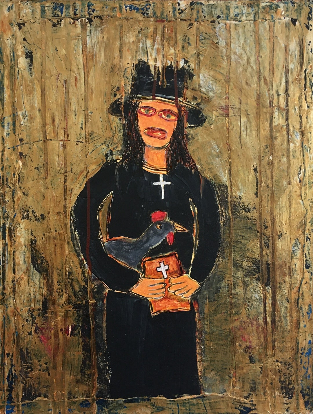 Original Priest Rooster Bible Painting on Canvas Art Colorful Textured ...