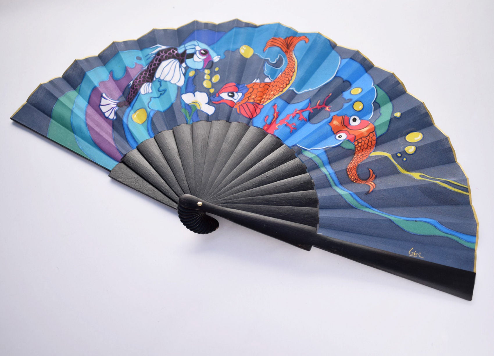 Fishes Folding Handfan / Hand Painted Fan / Wooden Handfan / Cotton ...