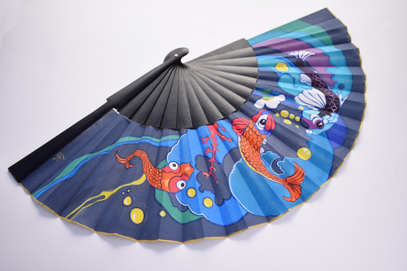 Fishes Folding Handfan / Hand Painted Fan / Wooden Handfan / - Etsy