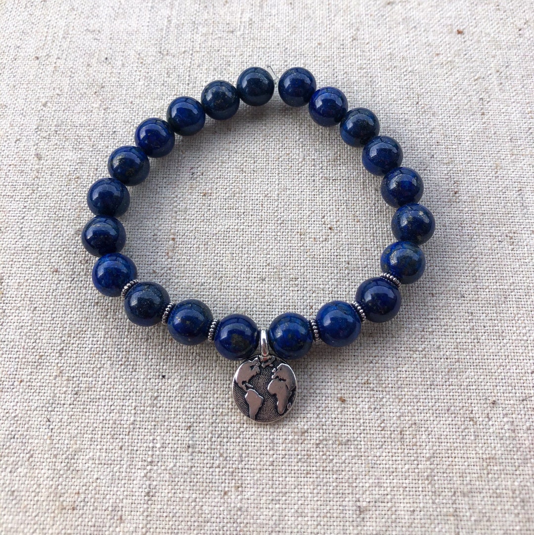 High Frequency Bracelet With Lapis Gemstone and Earth Charm ; 8mm Bead ...
