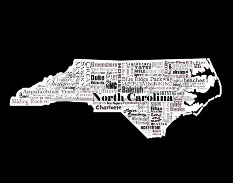 North Carolina Slogans, Word Art, Typography, Map, North Carolina Print ...