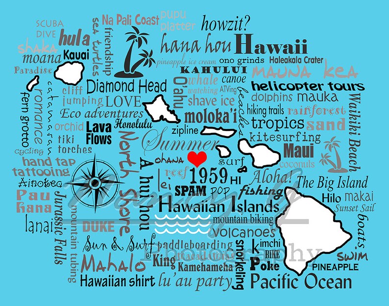 Hawaii Word Art, Typography, Map, Hawaii, Hawaii Print, Slogans, HI ...