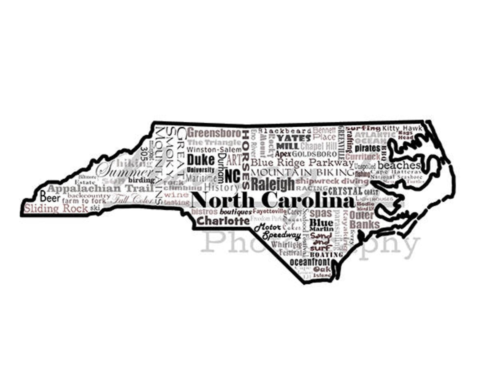 North Carolina Slogans, Word Art, Typography, Map, North Carolina Print ...