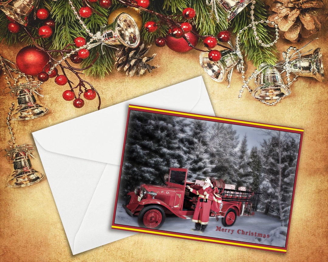 Vintage Firefighter, Santa Card, Fire Engine, 5"x7", Greeting Cards ...