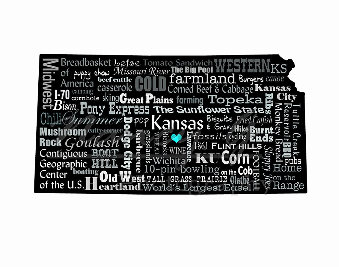 Kansas Word Art Typography Map Kansas Kansas Print | Etsy