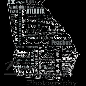 Georgia Slogans, Word Art, Typography, Map, Georgia Print, GA, Fine Art ...