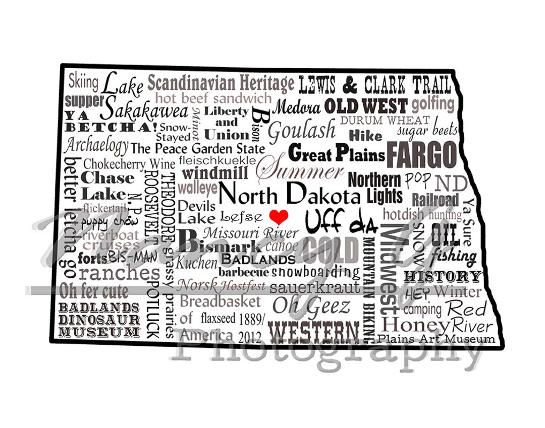 North Dakota Word Art, Typography, Map, North Dakota, North Dakota ...