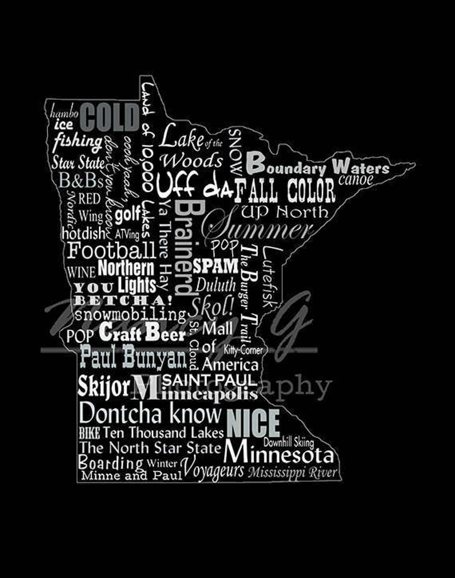 Minnesota Slogans Word Art Typography Map Minnesota | Etsy