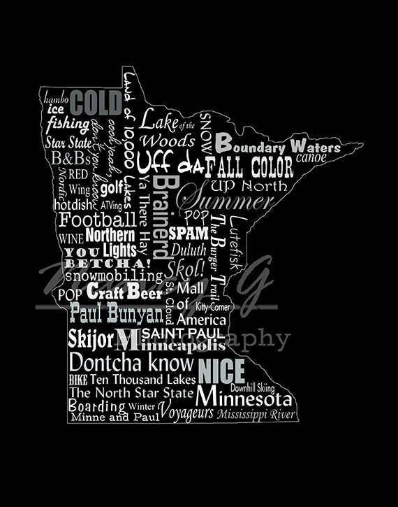 Minnesota Slogans Word Art Typography Map Minnesota | Etsy