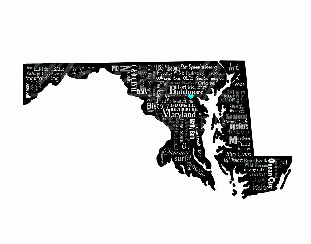 Maryland Word Art, Typography, Map, Maryland, Maryland Print, Slogans ...