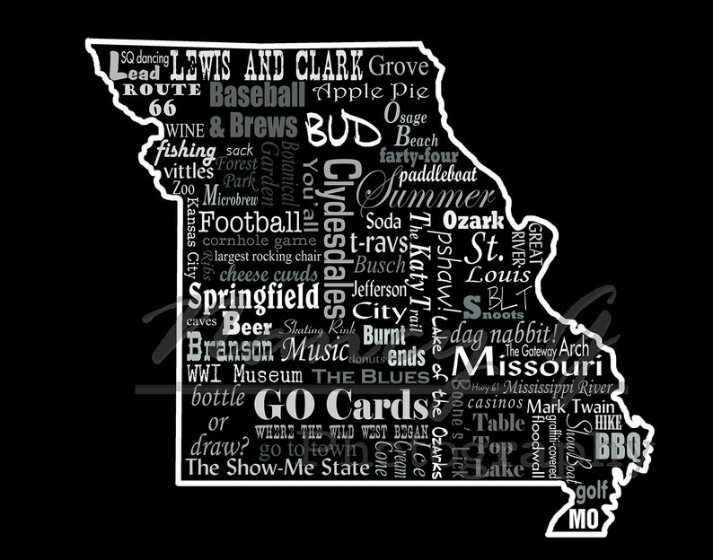 Missouri Slogans, Word Art, Typography, Map, Missouri Print, MO, Fine ...