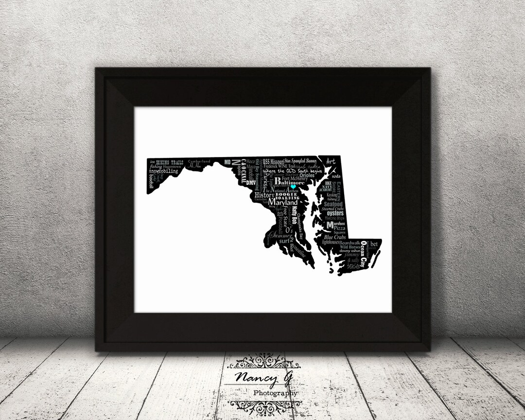 Maryland Word Art, Typography, Map, Maryland, Maryland Print, Slogans ...