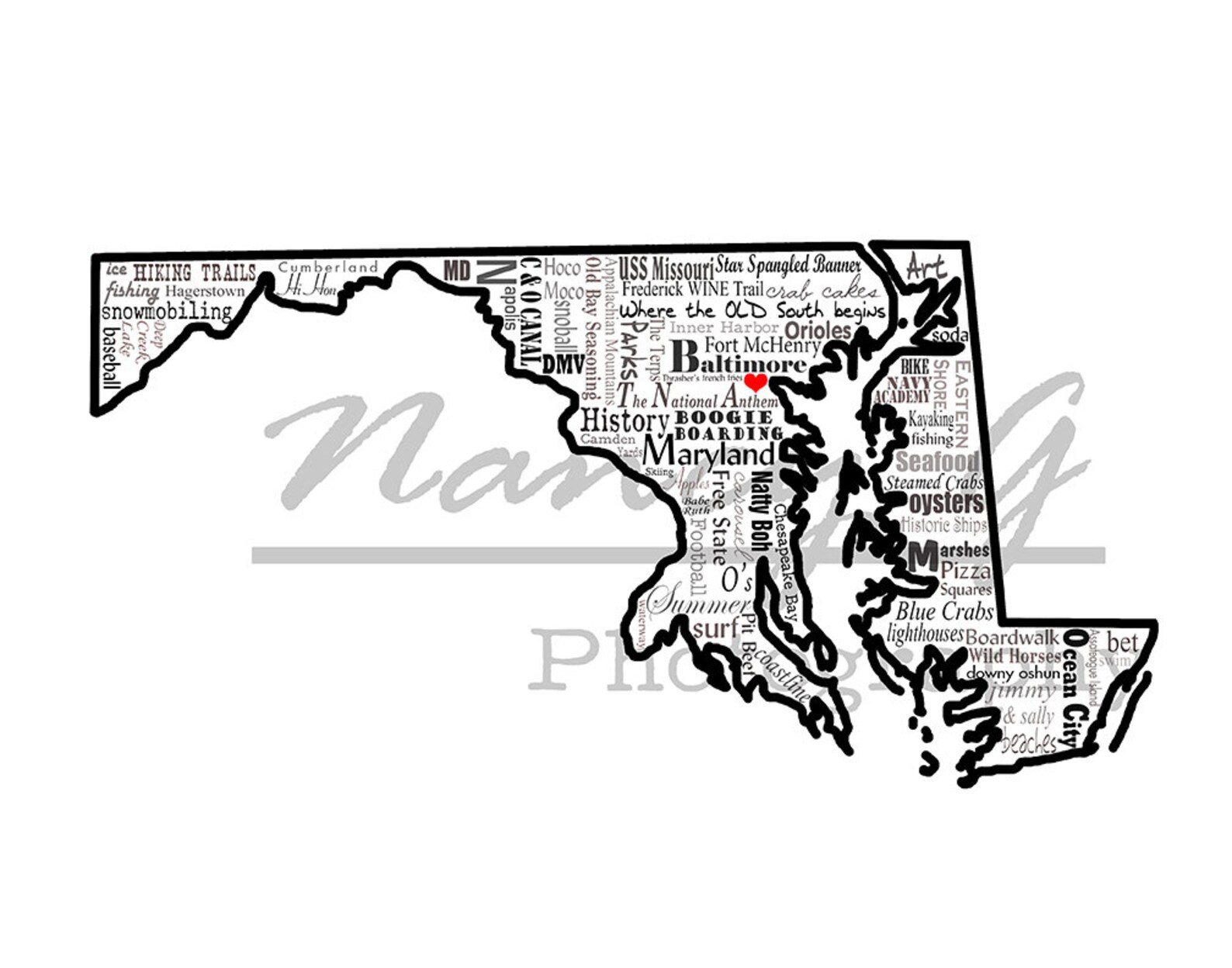 Maryland Word Art, Typography, Map, Maryland, Maryland Print, Slogans ...