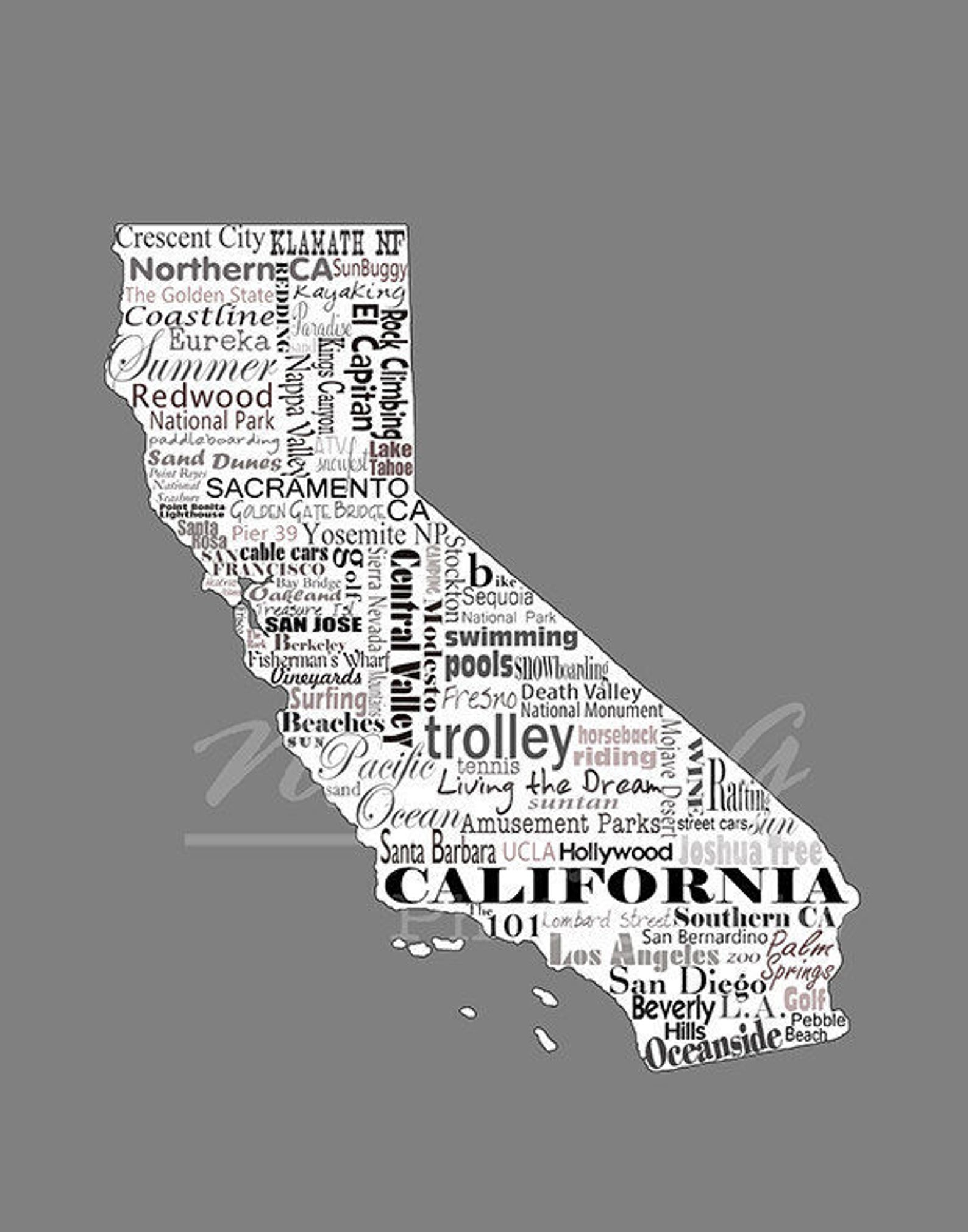 California Slogans Word Art Typography California Map | Etsy