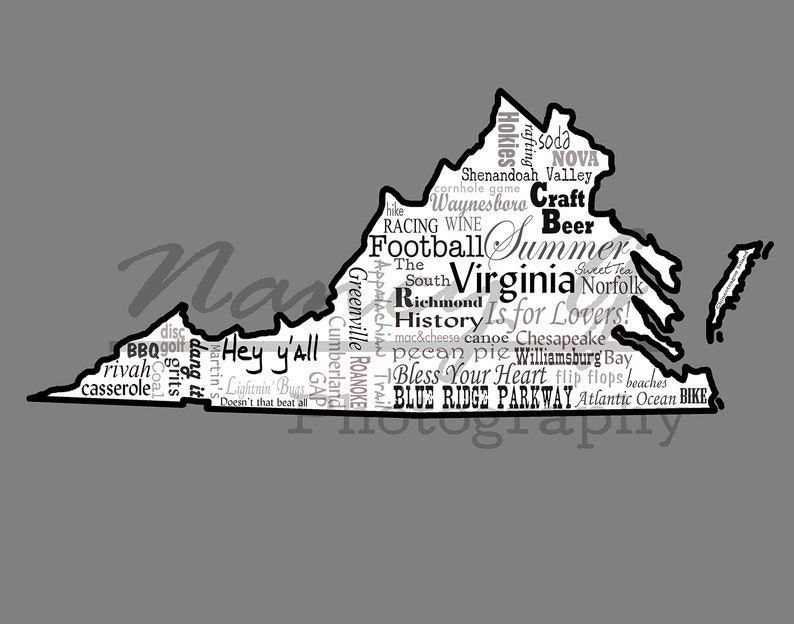 Virginia Slogans, Word Art, Typography, Map, Virginia Print, VA, Fine ...