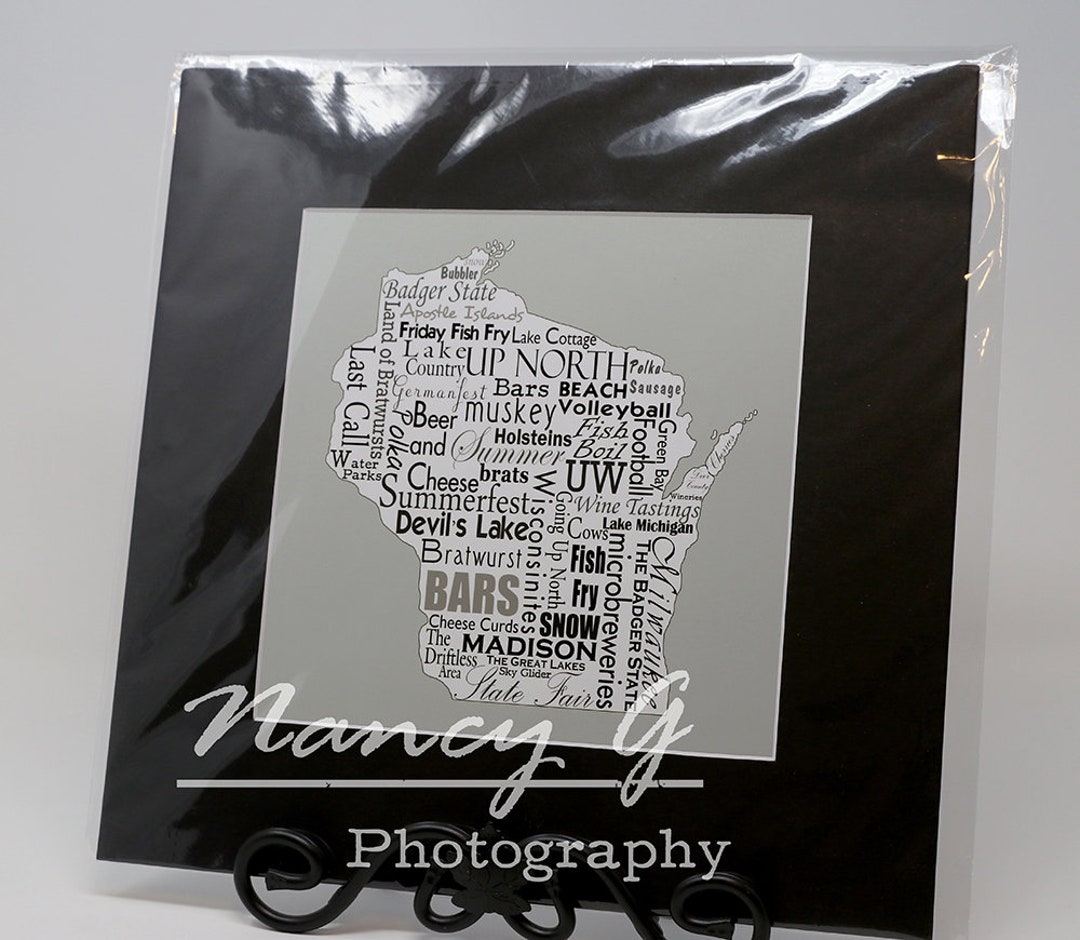 Matted Print, Wisconsin Slogans, Word Art, Typography, Map, Wisconsin ...