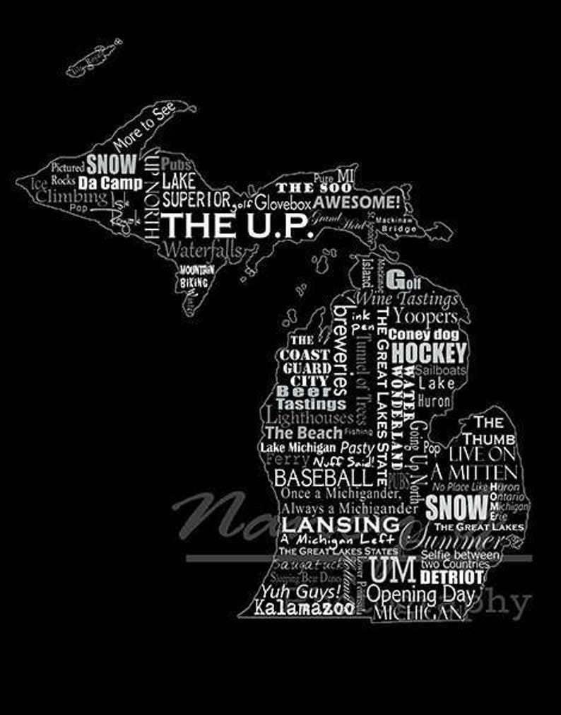 Michigan Slogans, Word Art, Typography, Map, Michigan, Michigan Print ...