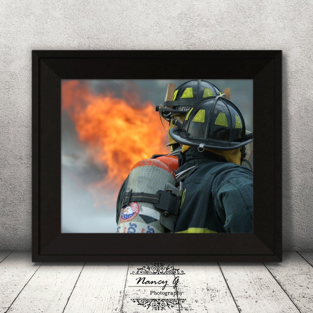 Two Firefighters Car Fire Print, Living Room Art, Fireman Firefighter ...