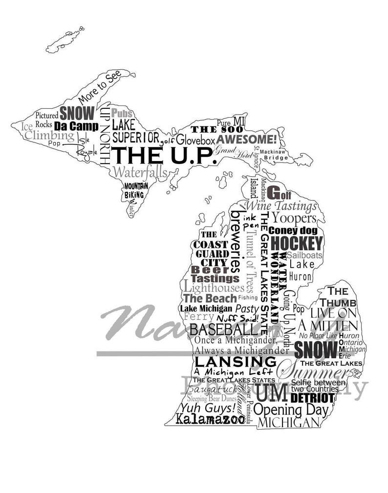 Michigan Slogans, Word Art, Typography, Map, Michigan, Michigan Print ...
