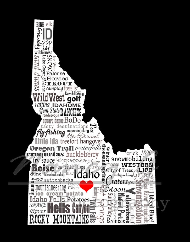 Idaho Word Art, Typography, Map, Idaho, Idaho Print, Slogans, Fine Art ...
