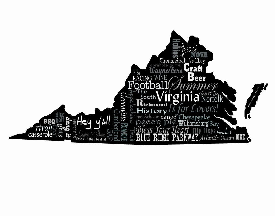 Virginia Slogans, Word Art, Typography, Map, Virginia Print, VA, Fine ...