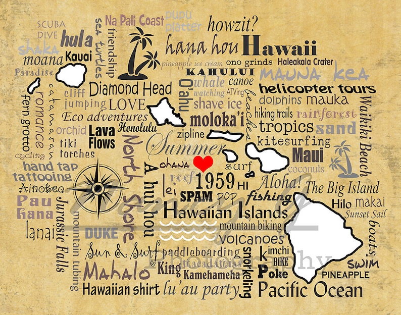 Hawaii Word Art, Typography, Map, Hawaii, Hawaii Print, Slogans, HI ...