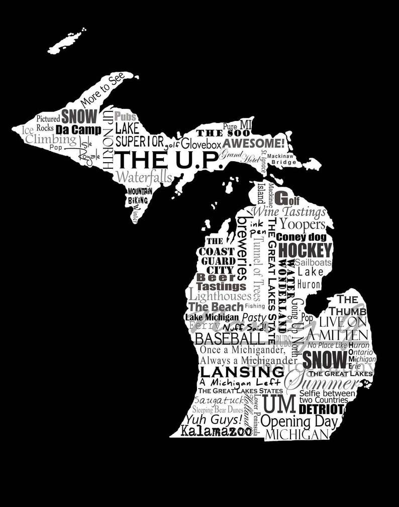 Michigan Slogans, Word Art, Typography, Map, Michigan, Michigan Print ...