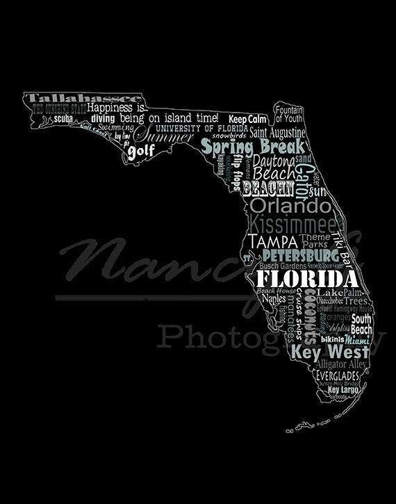 Florida Slogans Word Art Typography Florida Map Florida | Etsy