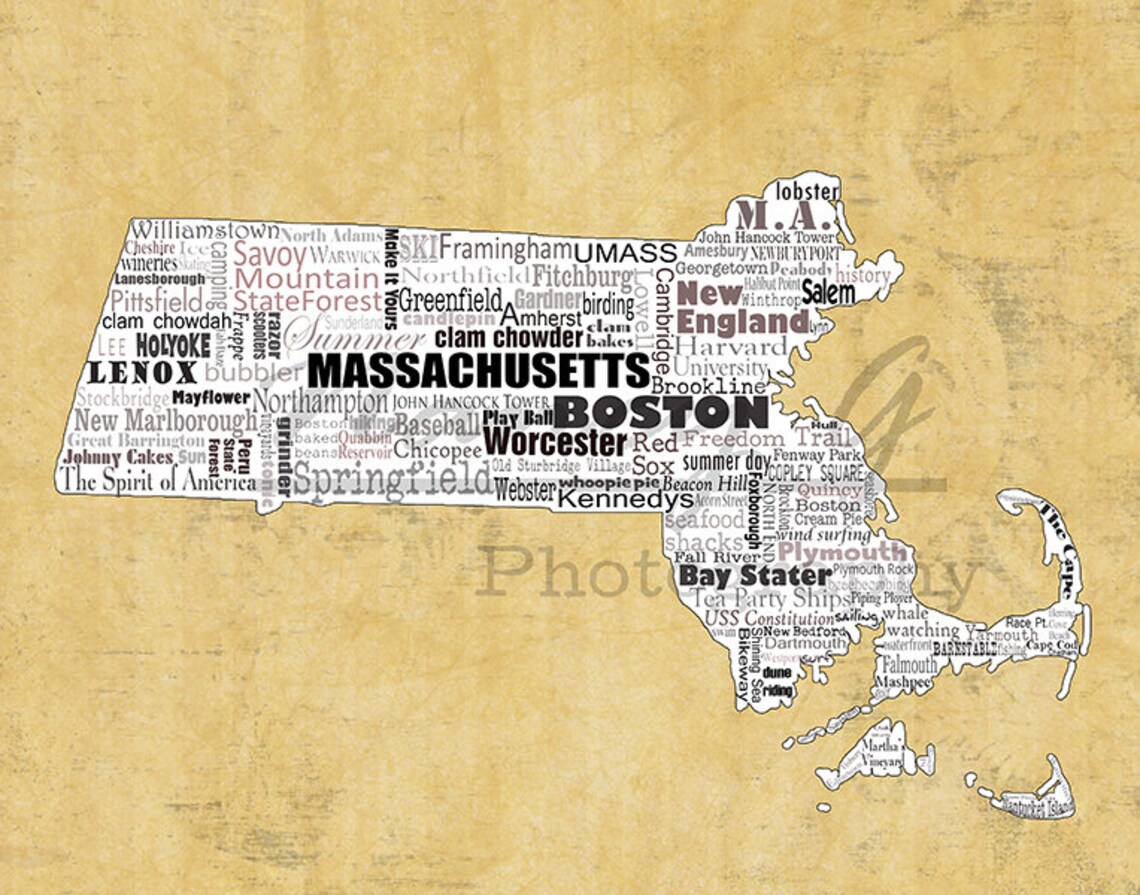 Massachusetts Slogans Word Art Typography Map - Etsy