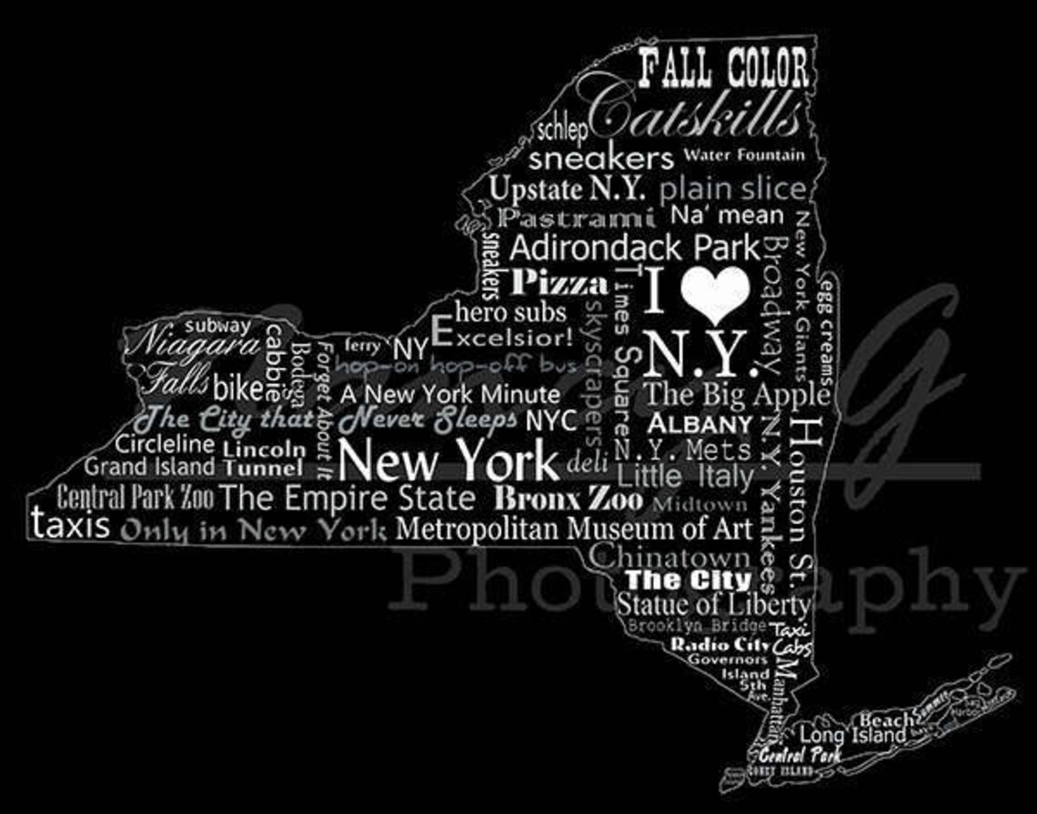 New York Slogans Word Art Typography Map New York New - Etsy