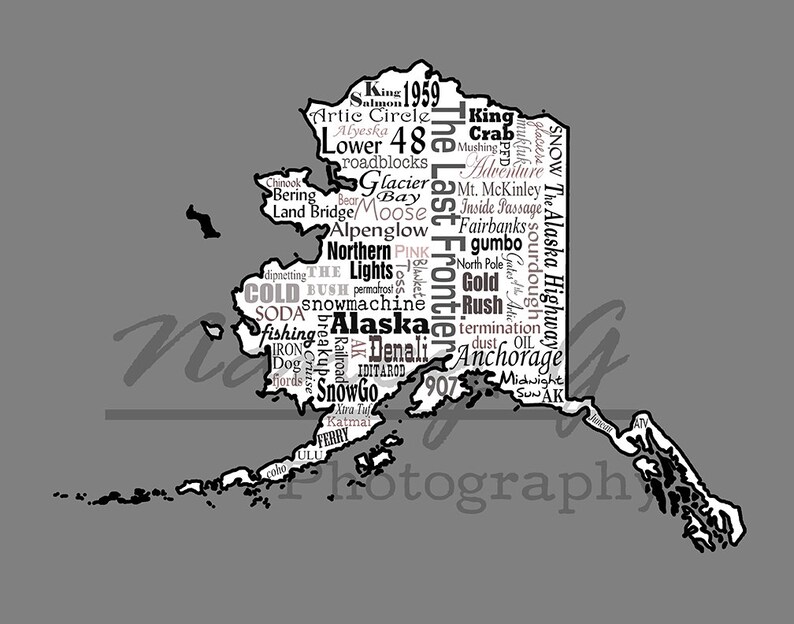 Alaska Slogans Word Art Typography Map Alaska Alaska - Etsy