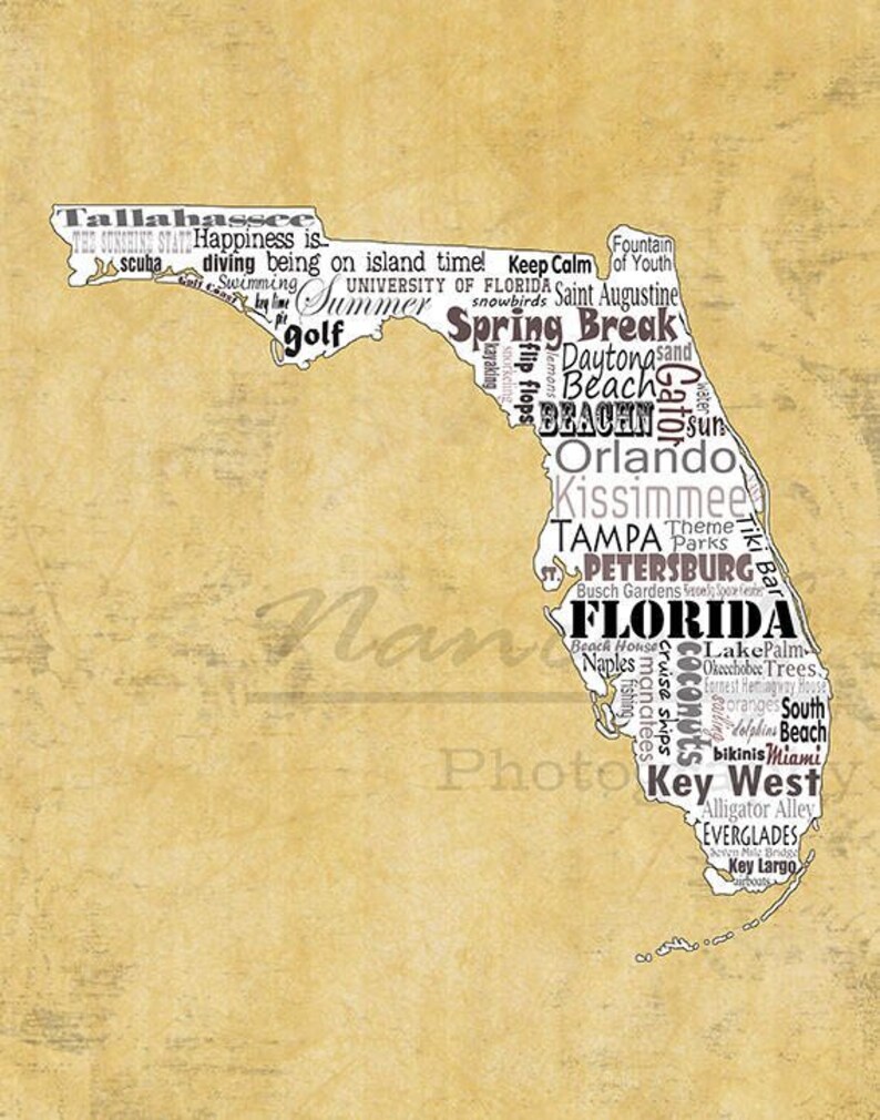 Florida Slogans Word Art Typography Florida Map Florida - Etsy