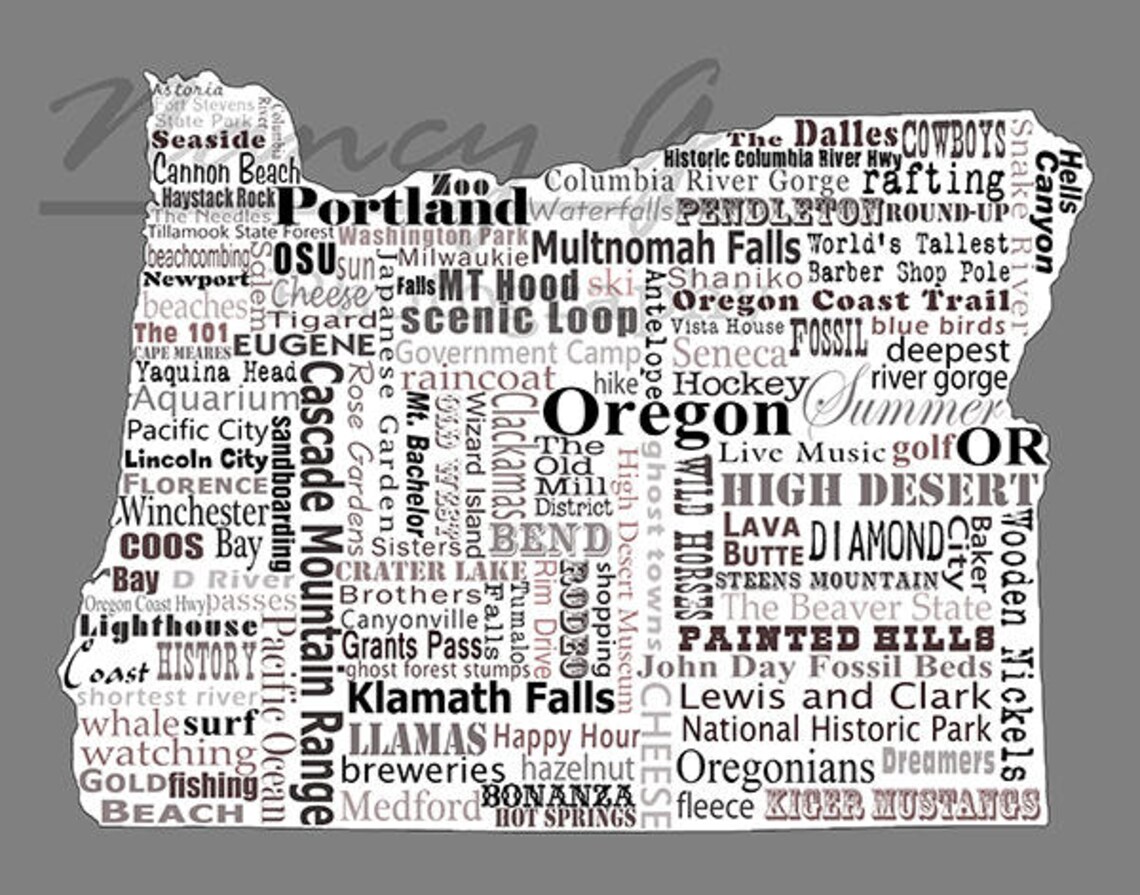 Oregon Slogans Word Art Typography Oregon Map Oregon | Etsy