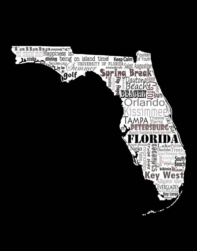 Florida Slogans Word Art Typography Florida Map Florida - Etsy