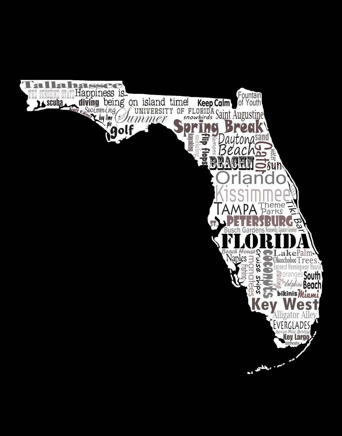 Florida Slogans Word Art Typography Florida Map Florida | Etsy