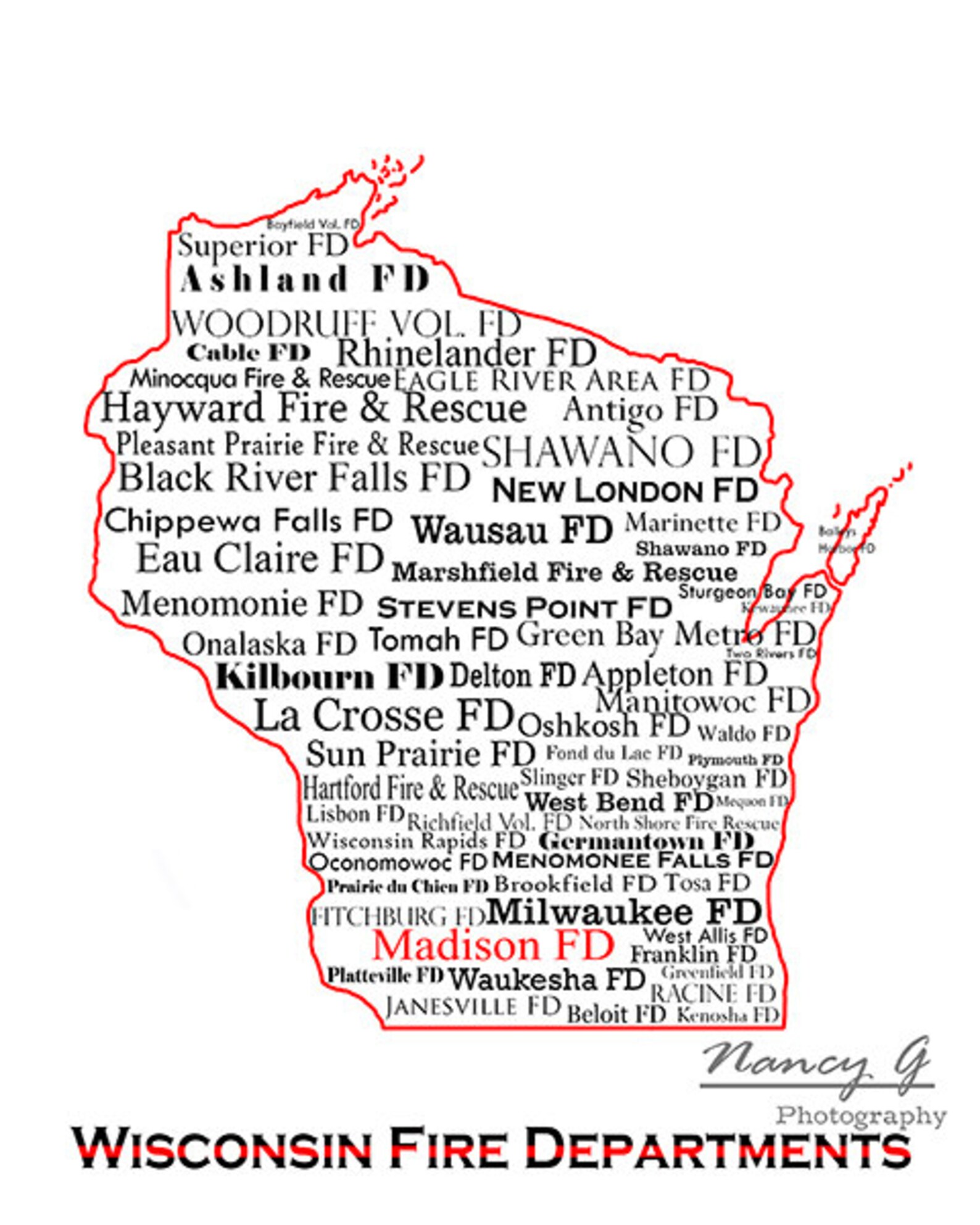 Wisconsin Fire Departments Word Art Typography Map Cities - Etsy