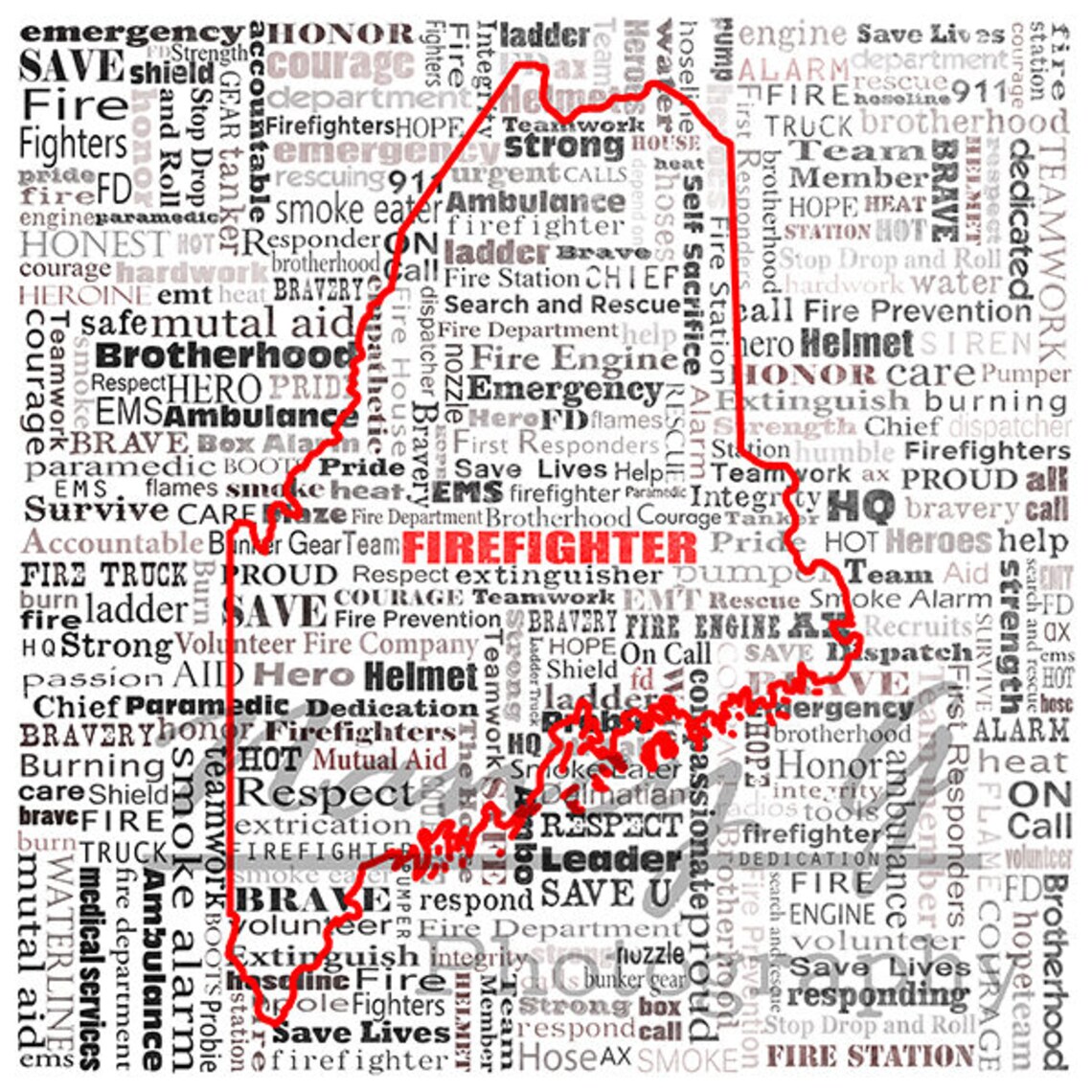 Firefighter Word Art Typography States Shape Maine - Etsy