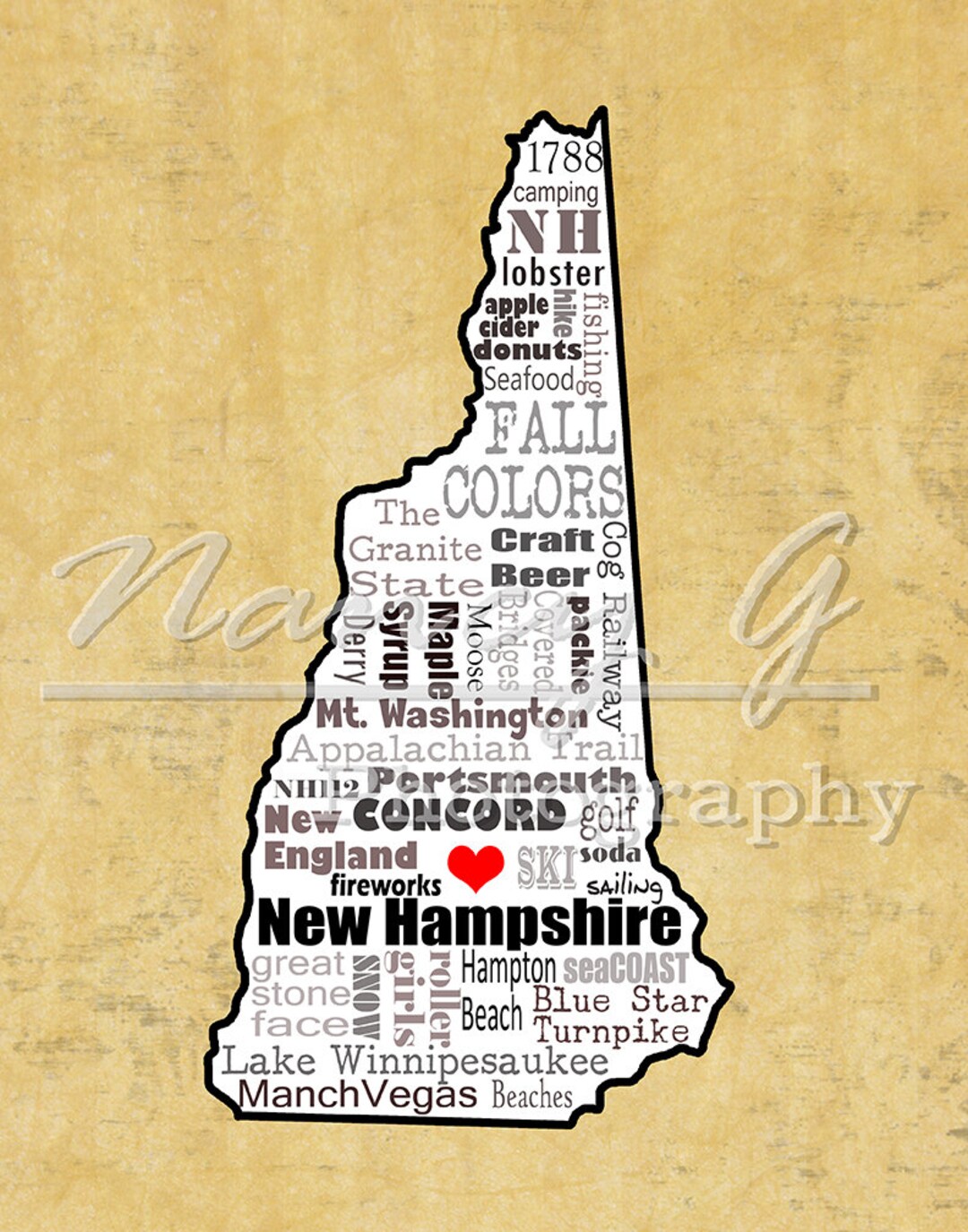 New Hampshire Word Art, Typography, Map, New Hampshire, New Hampshire ...