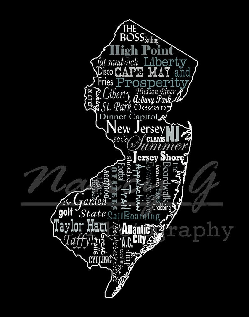 New Jersey Slogans Word Art Typography Map New Jersey | Etsy
