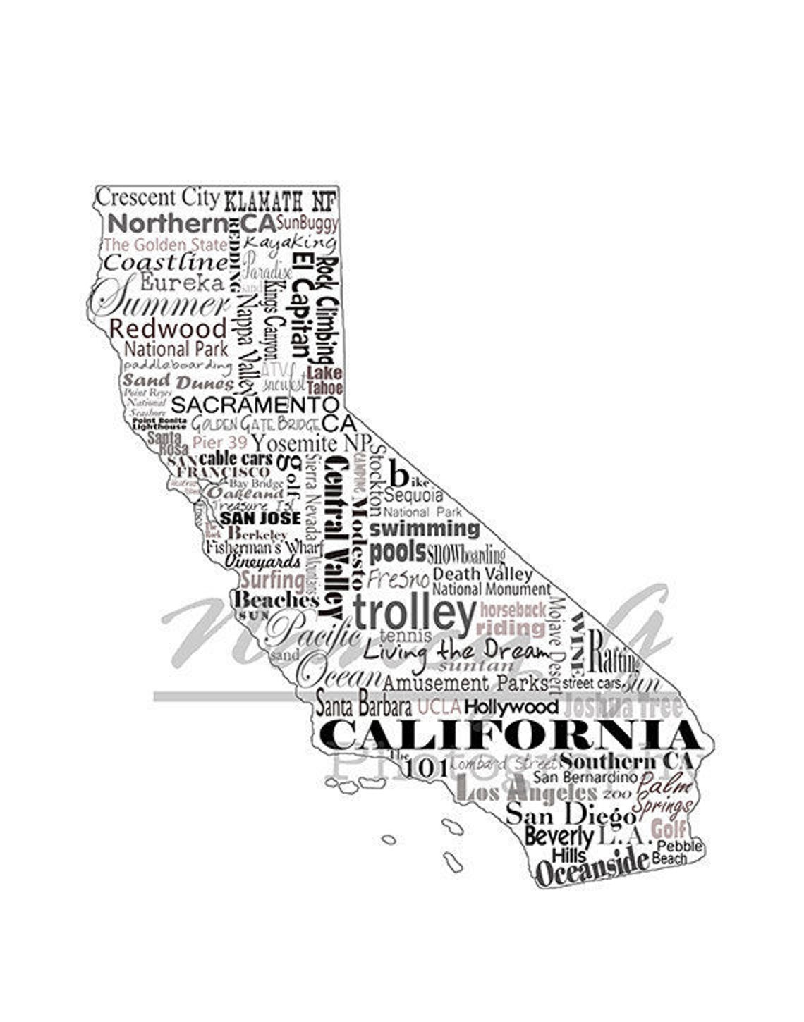 California Slogans Word Art Typography California Map | Etsy