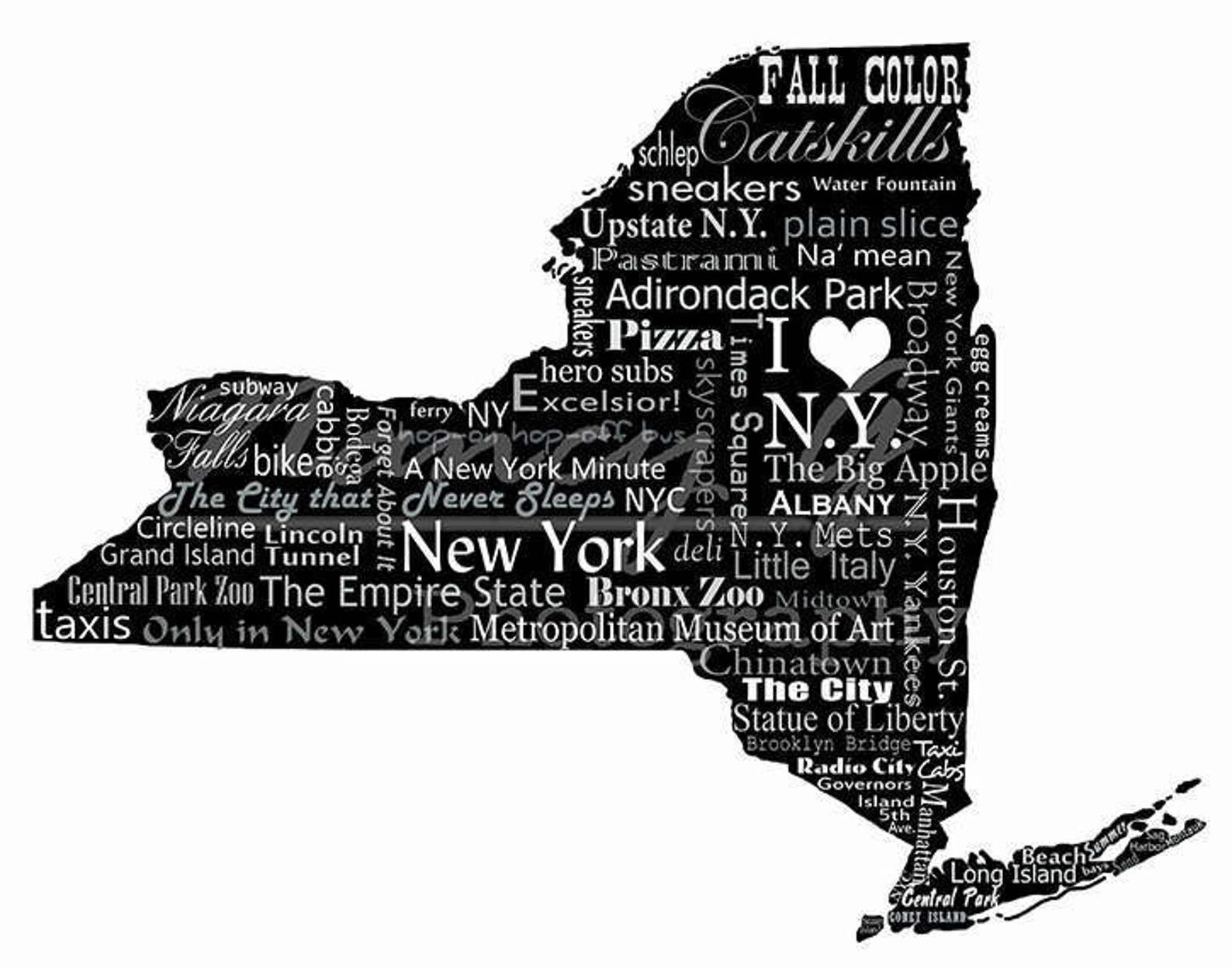 New York Slogans, Word Art, Typography, Map, New York, New York Print ...