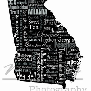 Georgia Slogans, Word Art, Typography, Map, Georgia Print, GA, Fine Art ...