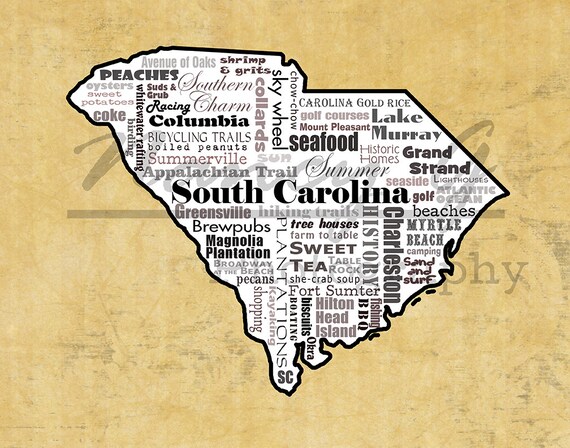 South Carolina Word Art Typography Map South Carolina | Etsy