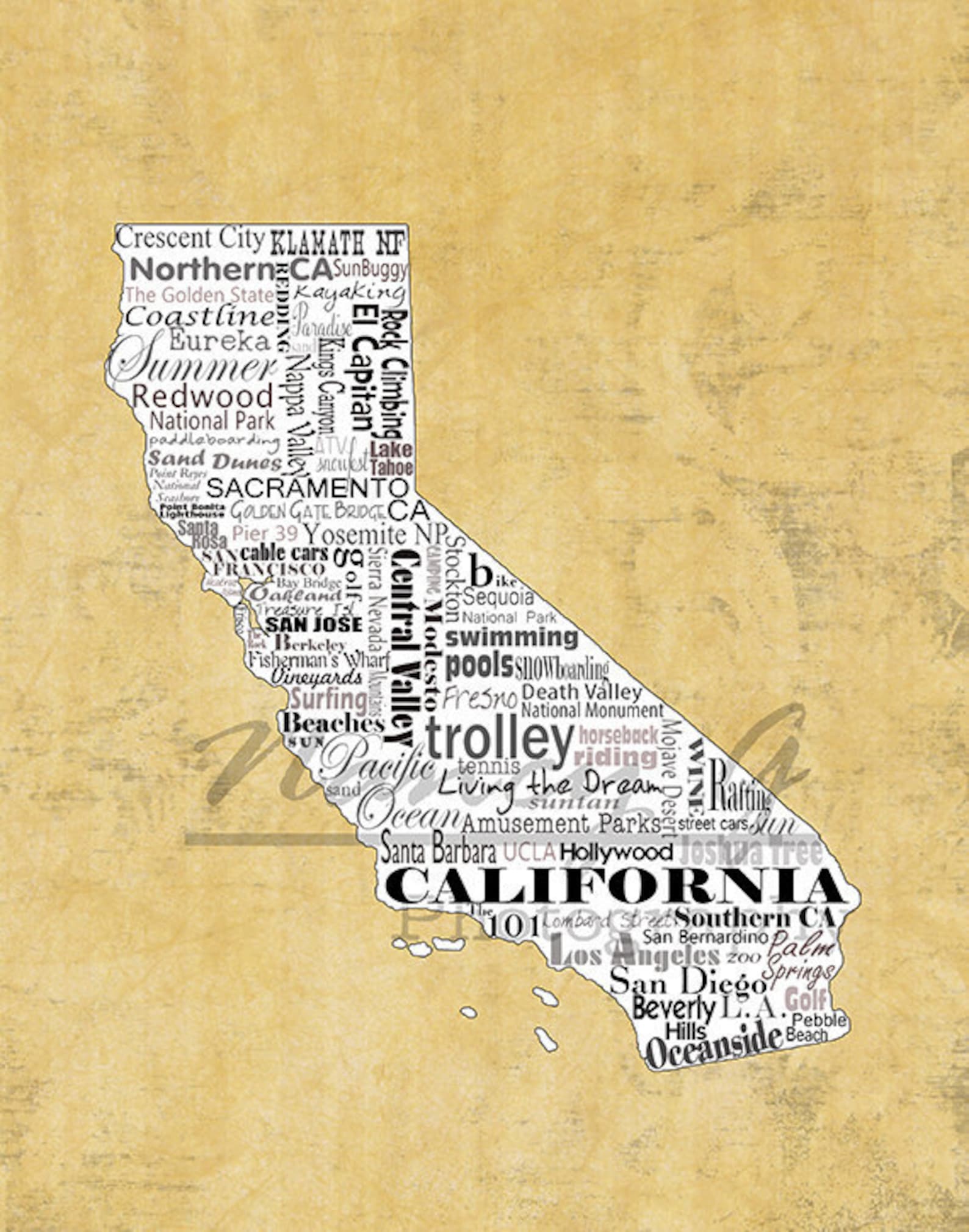 California Slogans Word Art Typography California Map | Etsy