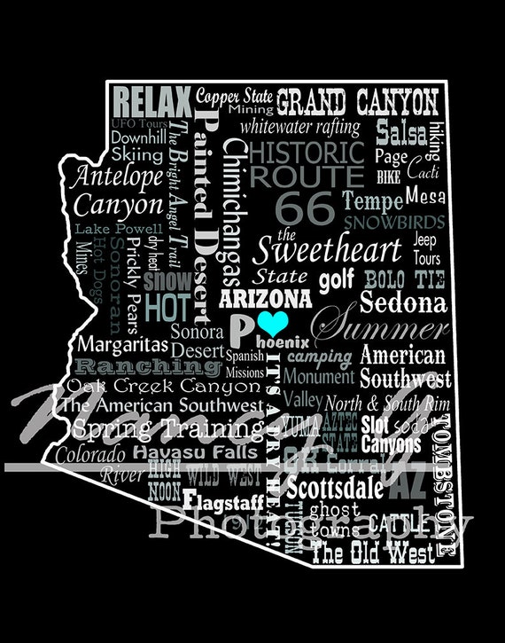 Arizona Word Art Typography Map Arizona Arizona Print | Etsy