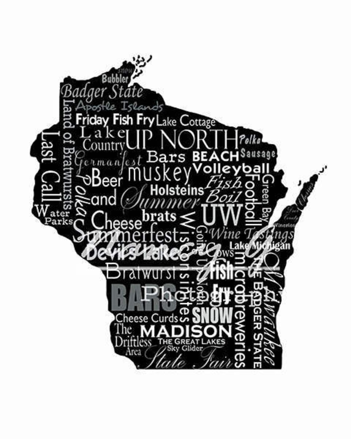 Wisconsin Slogans Word Art Typography Map Wisconsin - Etsy